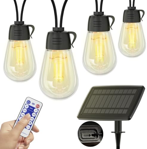 49FT Solar String Lights Outdoor - Waterproof, 20 S14 LED Bulbs, USB ...