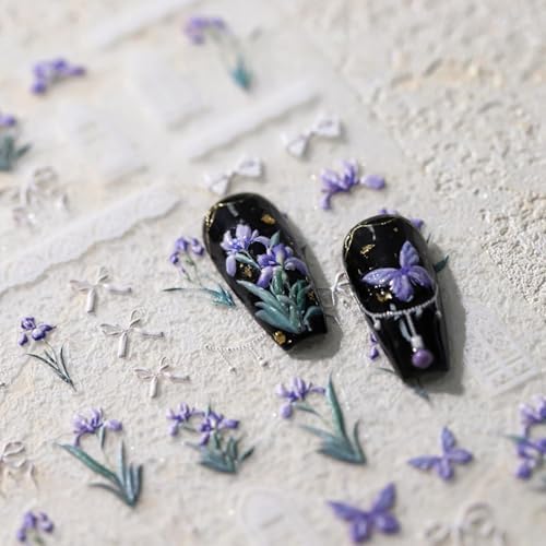Amazon.com: 5D Embossed Purple Flower Nail Stickers White Bow Nail Art ...