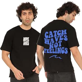 Buy AWARA BACHA Catch Waves Not Feelings Oversized Black Tshirt for Men ...