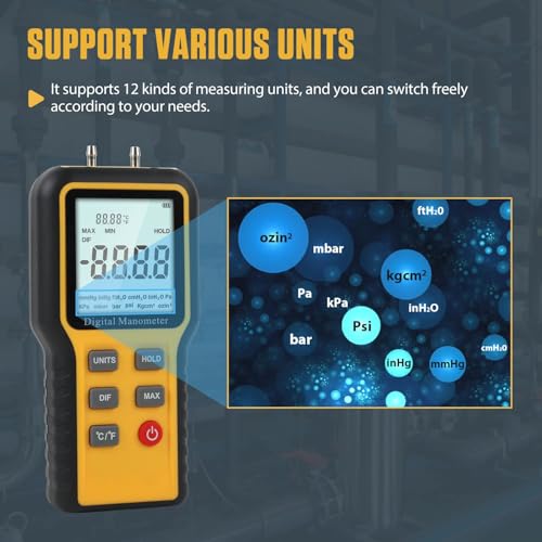 Manometer, Dual-Port HVAC Manometer with 12 Units Switch, Storage ...