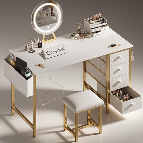 Amazon.com: KAI-ROAD Gold Vanity Desk with Mirror and Light- Makeup ...