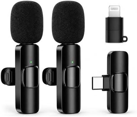 Wireless Lavalier Microphone 2 Pack, Clip On Mic for iPhone and Android ...