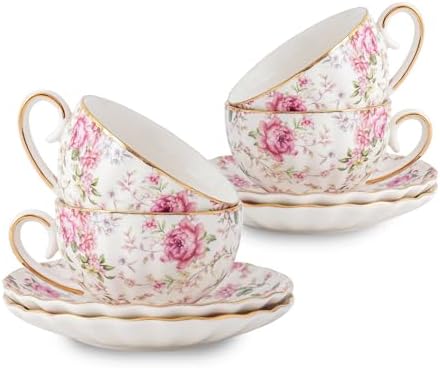 Amazon.com: ufengke 15 Piece European Bone China Service Coffee Set Wiht Metal Holder,Pink ...