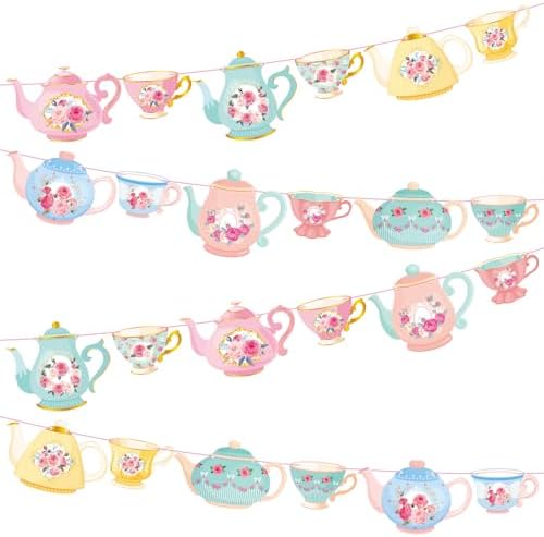 Faccito 5 Pcs Vintage Tea Party Decoration Banner Double Sided Floral ...