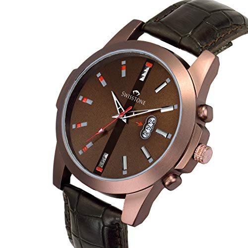 Buy SWISSTONE BW475-BRWN Brown Leather Strap Analog Wrist Watch for Men ...