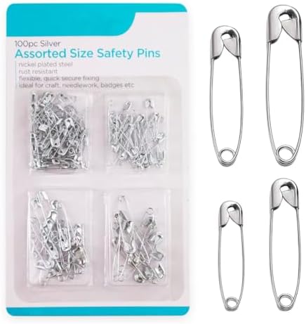 100 Safety Pins, Assorted Sizes, Rust Resistant Nickel Plated Steel Pin ...