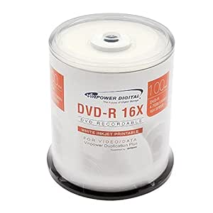 Vinpower Digital DVD-R 4.7GB 16x White Inkjet Printable Hub Recordable Media - 100 Disc Cake Box ...
