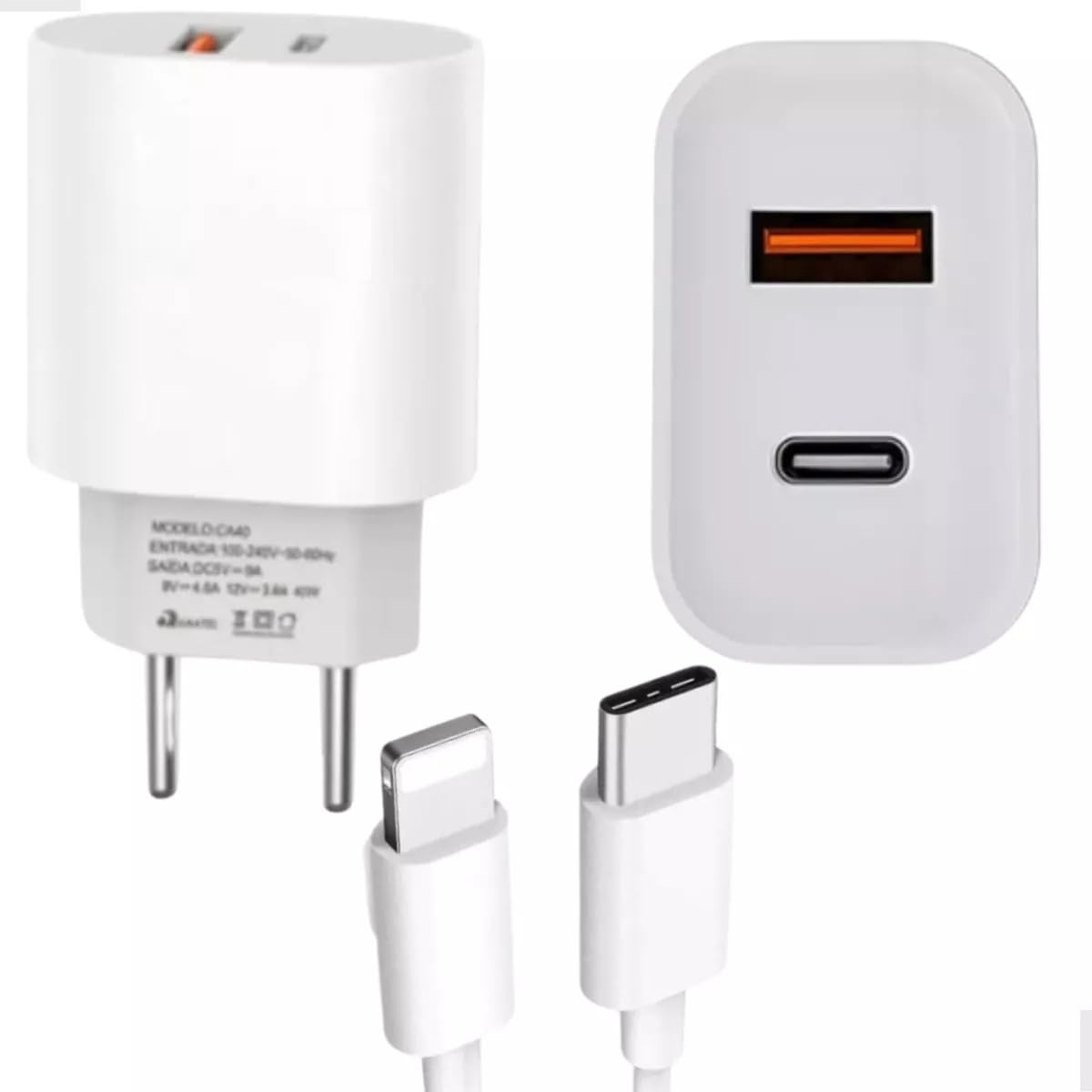 Kit Carregador para iPhone Turbo 40W entrada Dupla USB/USB Tipo C PD 3. ...