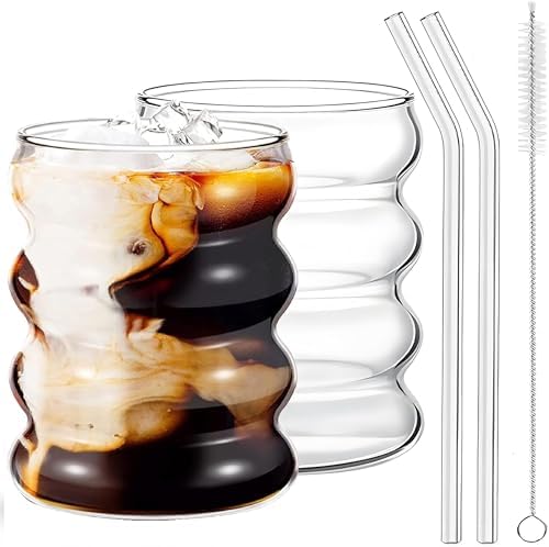 Amazon.com | Cididu Set of 4 Cute Glass Cups with Glass Straws 12 oz ...