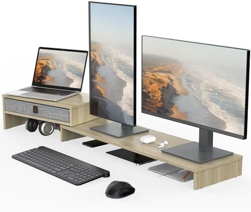 Fenge Dual Monitor Stand With Drawer - 2 Shelf Riser With Adjustable ...