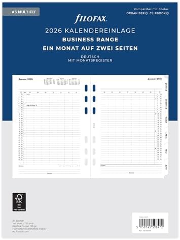 Filofax Kalender A5 Multi 1 Monat auf 2 Seiten tabbed (deutsch)2026 ...