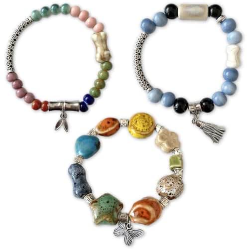 Amazon.com: 3 Pieces,Handcrafted Colorful Fired Ceramic Bead Elastic ...