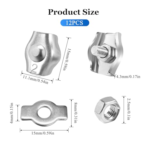 HAUSEIGN M2 Wire Rope Clamp, Pack of 12 Rope Clamps, 304 Stainless ...
