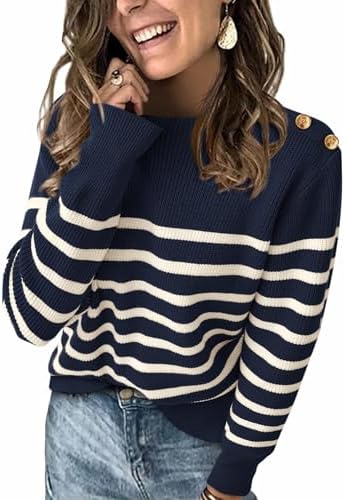 KIRUNDO Sweaters for Women 2024 Fall Striped Long Sleeve Ribbed Knit ...