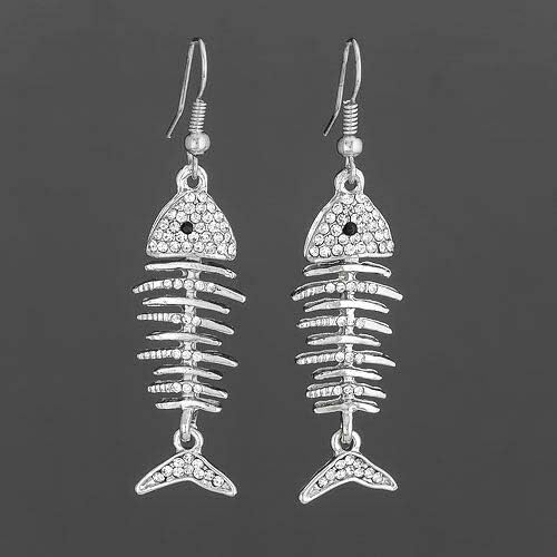 Amazon.com: Silver Finish Bone Fish Rhinestone Encrusted Drop Dangle ...