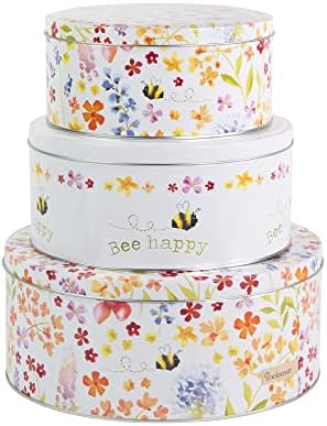 Prodbuy Set of 3 Colourful Bee Floral Design Cake Storage Tins Biscuit ...