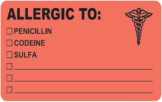 Amazon.com : Allergic to Penicillin Codeine Sulfa Medical Chart Label 4 ...