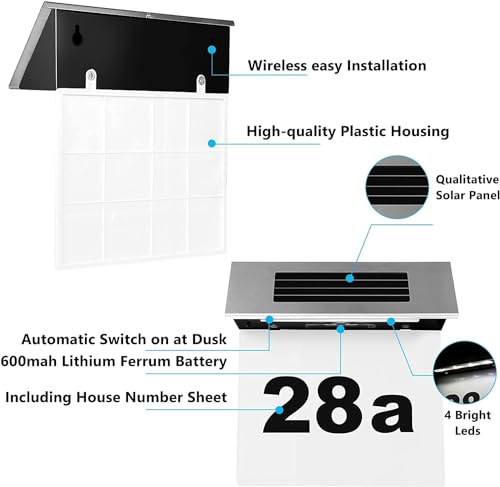 BuyWeek Solar Light House Numbers, 4 LED Solar Door Number Plaques ...