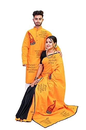 Buy ipsita Khadi Cotton Woman Saree and Man Kurta Couple Set Applique ...