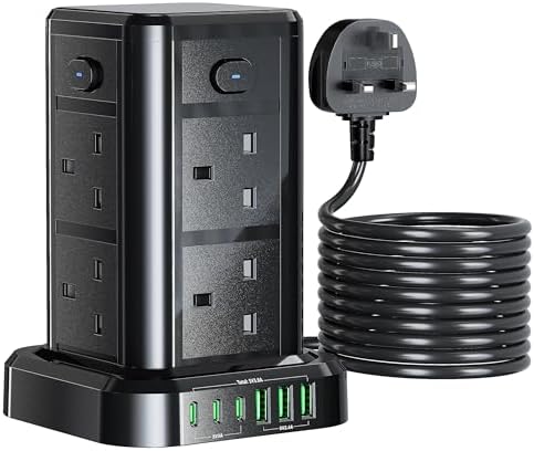10M Tower Extension Lead with USB, Toomke 8 Way 6 USB Multi Socket Plug ...