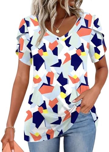 CATHY 2026 Women Tops Spring Casual Tunics Petal Short Sleeve V-Neck ...