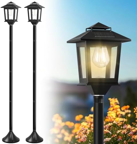 PASAMIC 63" Aluminum Solar Lamp Post Light, Outdoor 2 Pack Solar Floor ...