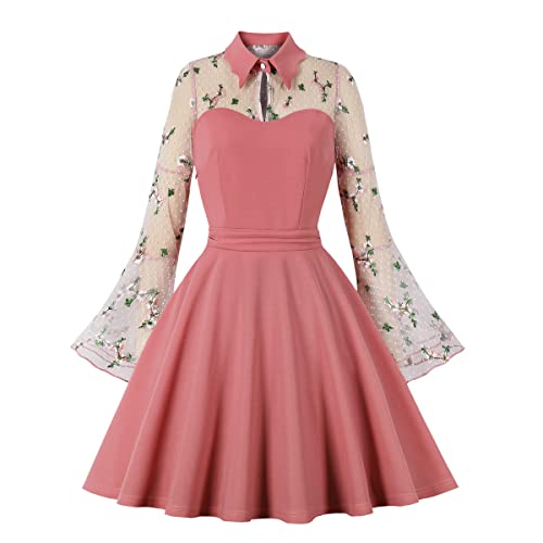 Women Keyhole Contrast Mesh Bell Long Sleeves Gothic Dress Vintage ...