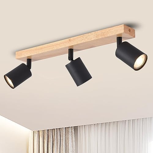 Anwio Wood Black Ceiling Light Fitting, 3 Way Wood Spotlight, Bedroom ...