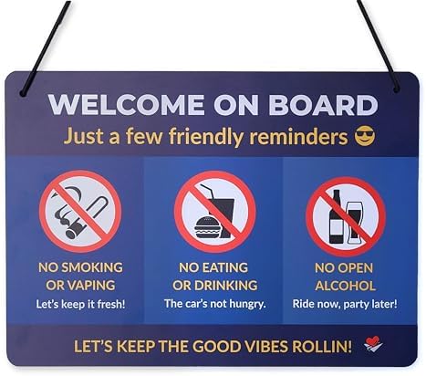 Amazon.com : Funny Rideshare Rules Car Sign – “Welcome On Board” No ...