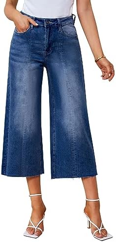 GRAPENT Jean Capris for Women Wide Leg Jeans High Waisted Seamed Front ...