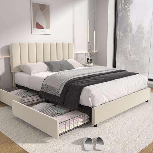 Amazon.com: VECELO Queen Upholstered Bed Frame with 4 Storage Drawers ...