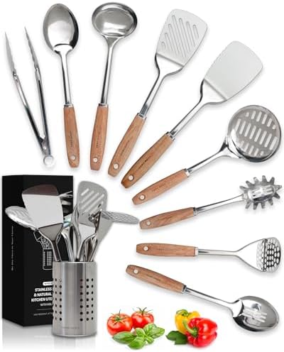 Amazon.com: Home Hero Stainless Steel Kitchen Utensils Set - Wood ...