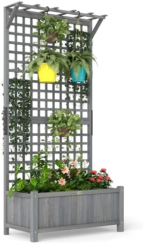 Outsunny Raised Garden Bed, Wood Planter with Trellis for Vine Climbing, Privacy Screen Planter ...