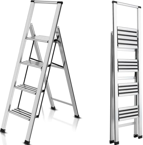 Step Ladder 4 Step Folding Aluminum Small Step Stool with Handle for ...