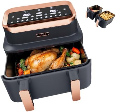 ELLE Dual Air Fryer Triple Air Fryer in Grey with Rose Gold, 10-in-1 ...