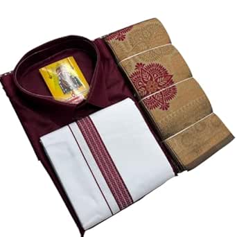 Buy Traditional South Indian Vesti Shirt and Saree Combo Set, Gold and ...