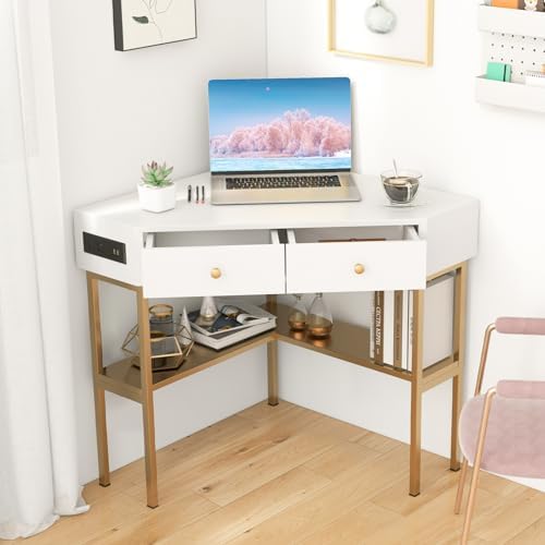IFANNY Corner Desk with Power Outlet, 90 Degrees Triangle Desk w ...