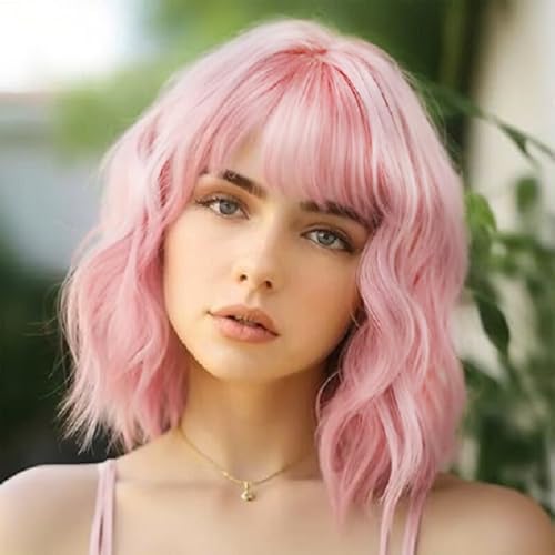 Amazon.com : PHOENIXFLY Pink Wavy Wigs With Bangs Short Bob Wig for Women Curly Synthetic ...
