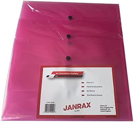 Pack of 12 Janrax A4 Pink Document Wallets - Button Stud Folder ...