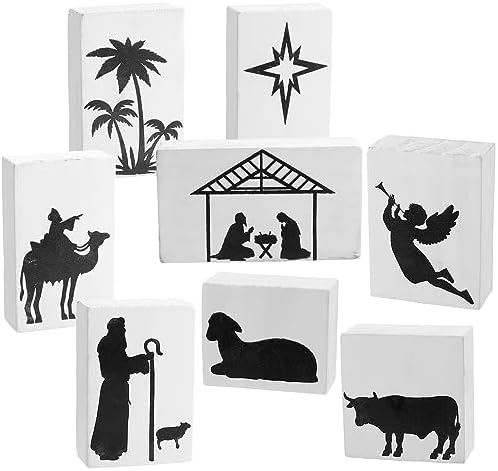 Amazon.com: Soaoo 8 Pcs Christmas Wooden Block Nativity Scene Black ...
