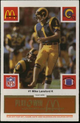 Mike Lansford "Los Angeles Rams" McDonald's NFL Play & Win 1986 ...