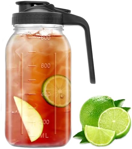Mason Jar Pitcher Wide Mouth Glass Water Jug with Handle Lid 32 oz ...