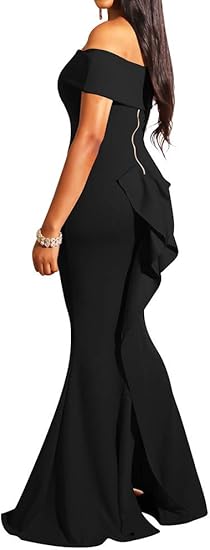 Amazon.com: LAGSHIAN Women Elegant Back Ruffles Sexy Off Shoulder Gown ...