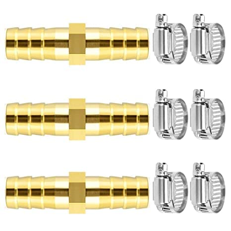 AQSON Brass Barb Splicer Mender Hose Fitting with Steel Pipe Clamps - 3 ...