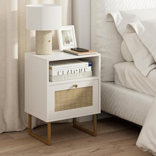 IBUYKE Rattan Nightstand, Boho Side Table with Drawer Open Shelf, Wood ...