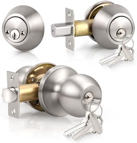 DECORITEN Keyed Entry Door Knob with Double Cylinder Deadbolt, Brushed ...