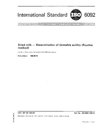 ISO 6092:1980, Dried milk - Determination of titratable acidity (Routine method): ISO TC 34/SC 5 ...