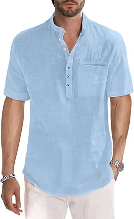 JMIERR Men's Casual Cotton Linen Henley Shirts Summer Short Sleeve Button Down Hippie Beach ...