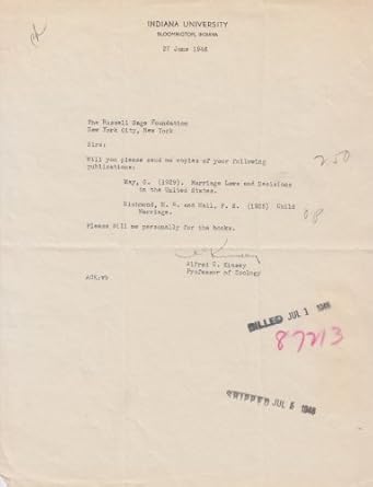 Amazon.com: ALFRED KINSEY signed letter on Indiana University ...