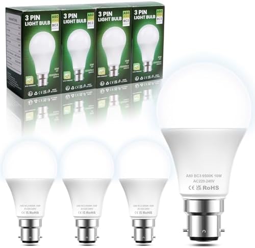 BrightArk BC3 3 Pin Light Bulbs,4 Pack 10W Energy Saving LED Light Bulb ...